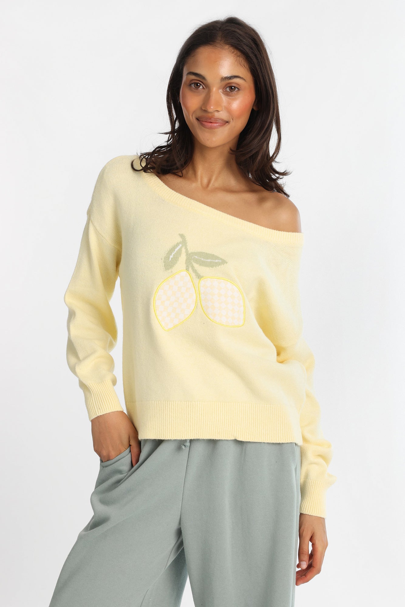Graphic Off-Shoulder Sweater – Bluenotes